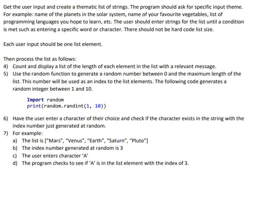 Solved Get the user input and create a thematic list of | Chegg.com