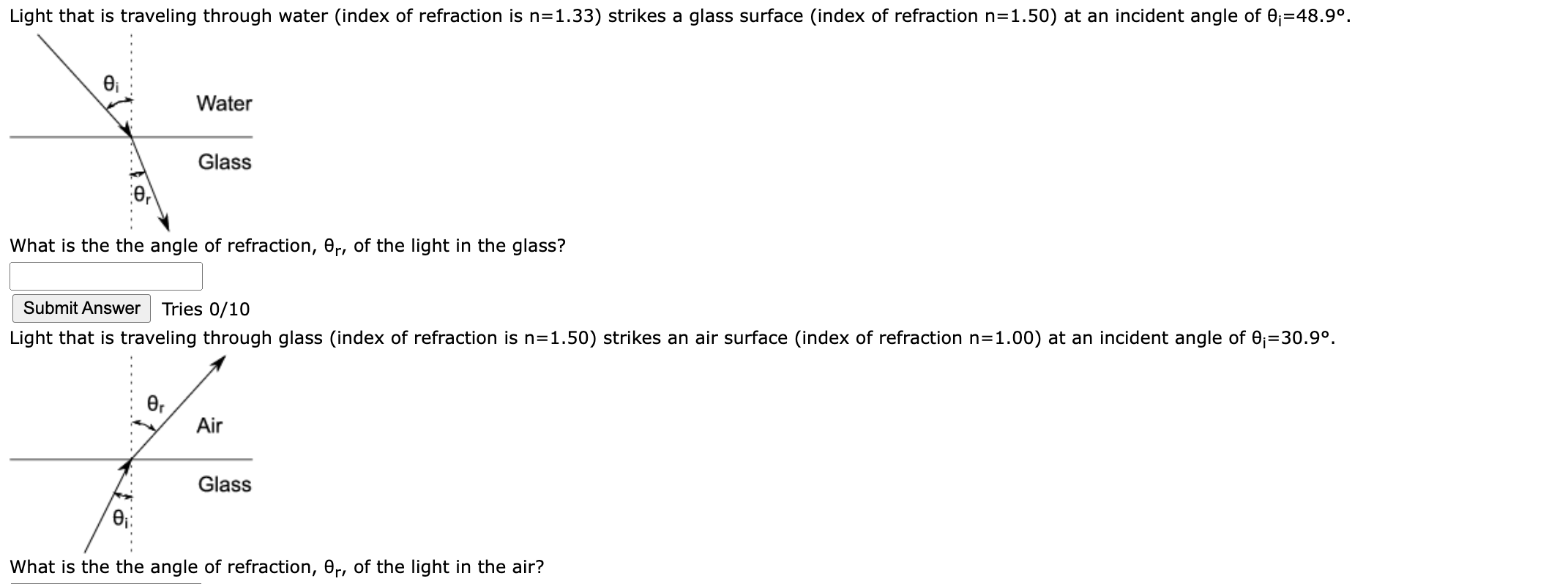 Solved Light that is traveling through water (index of | Chegg.com