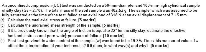 Solved An unconfined compression (UC) test was conducted on | Chegg.com