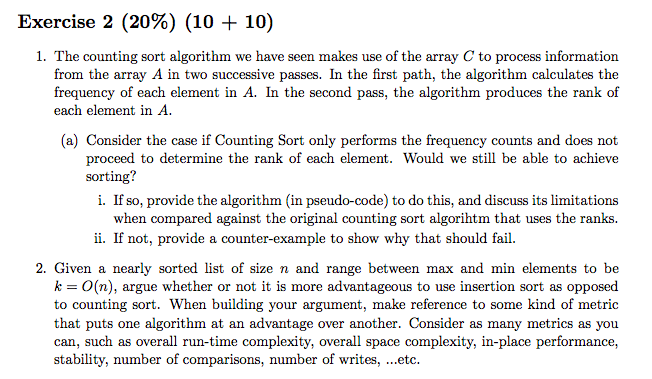 Solved Exercise 2 (20%) (10 + 10) 1. The counting sort | Chegg.com