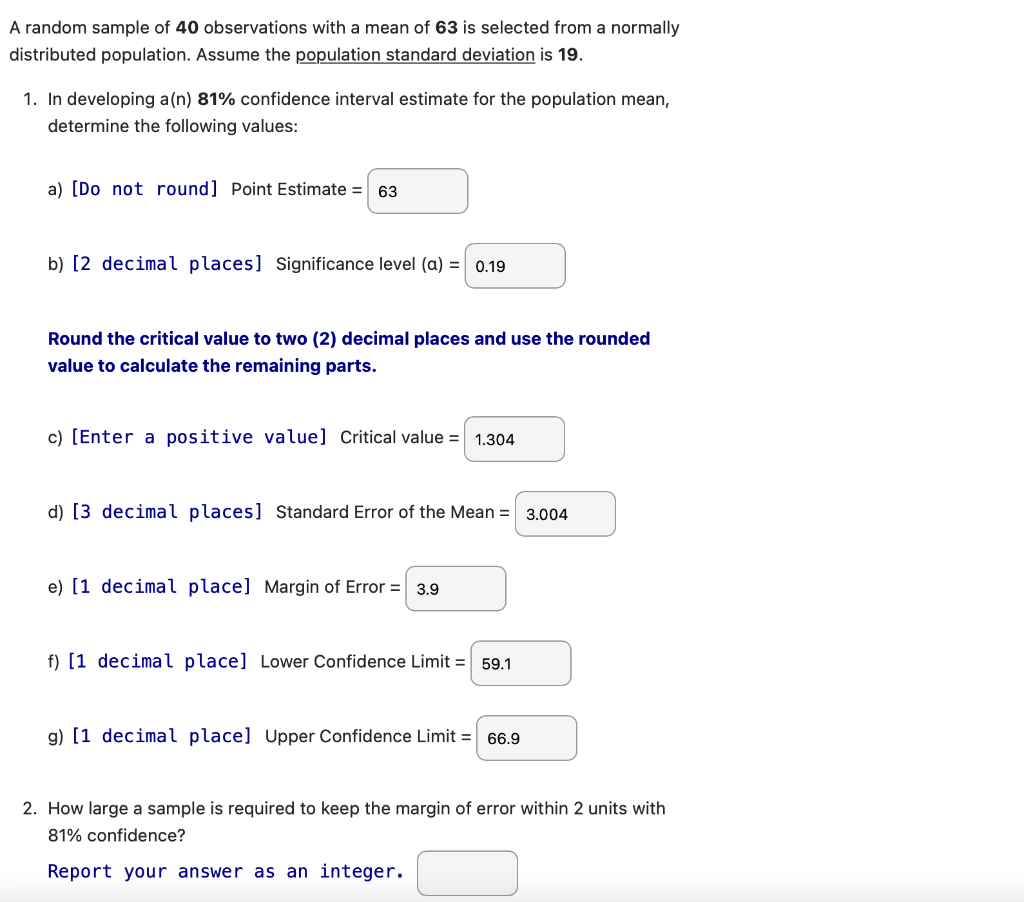 Solved A random sample of 40 observations with a mean of 63 | Chegg.com