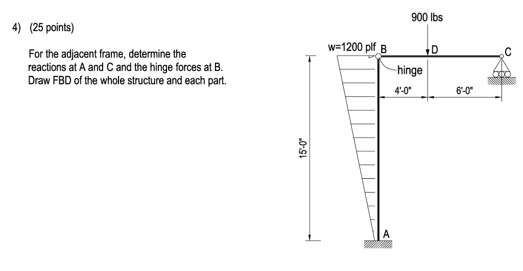 Solved 900 lbs 4) (25 points) w=1200 plf B D For the | Chegg.com