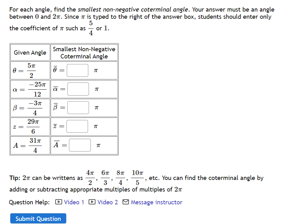 Solved For each angle, find the smallest non-negative | Chegg.com
