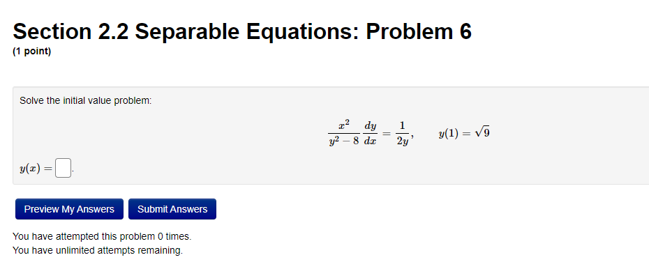 Solved Section 2 2 Separable Equations Problem 6 1 Point