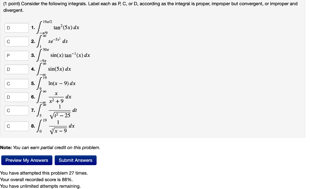 Solved (1 point) Consider the following integrals. Label | Chegg.com
