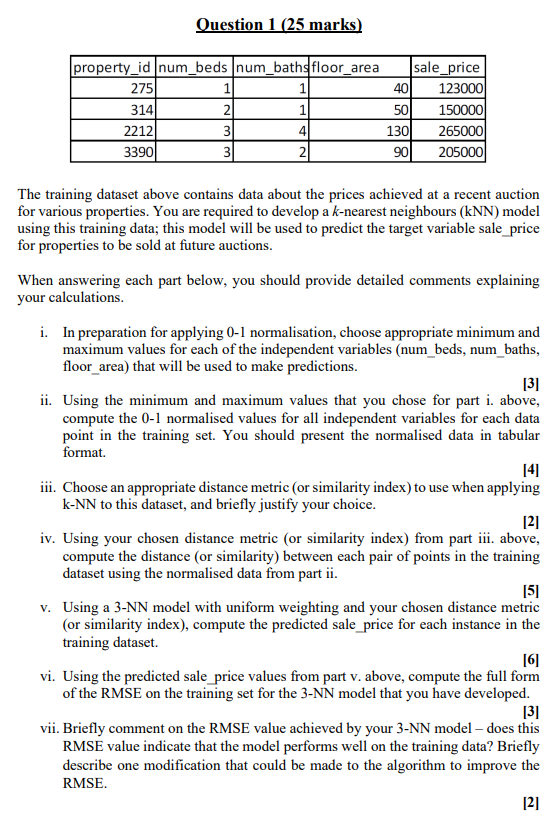 Solved Ouestion 1 (25 marks) The training dataset above | Chegg.com