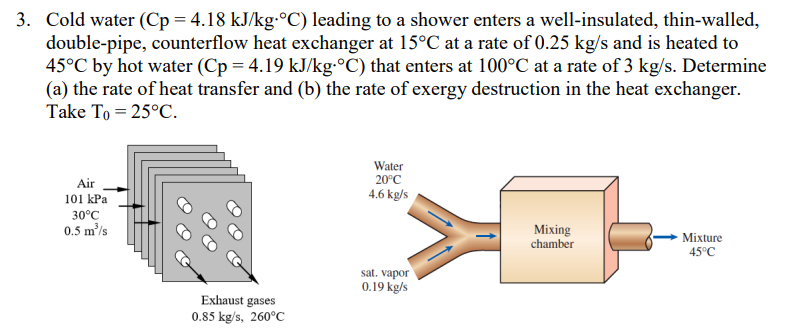 Solved Cold water (Cp = 4.18 kJ/kg∙°C) leading to a shower | Chegg.com