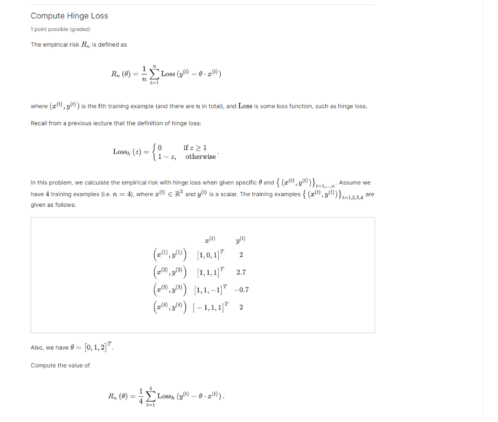 Solved Compute Hinge Loss 1 point possible (graded) The | Chegg.com