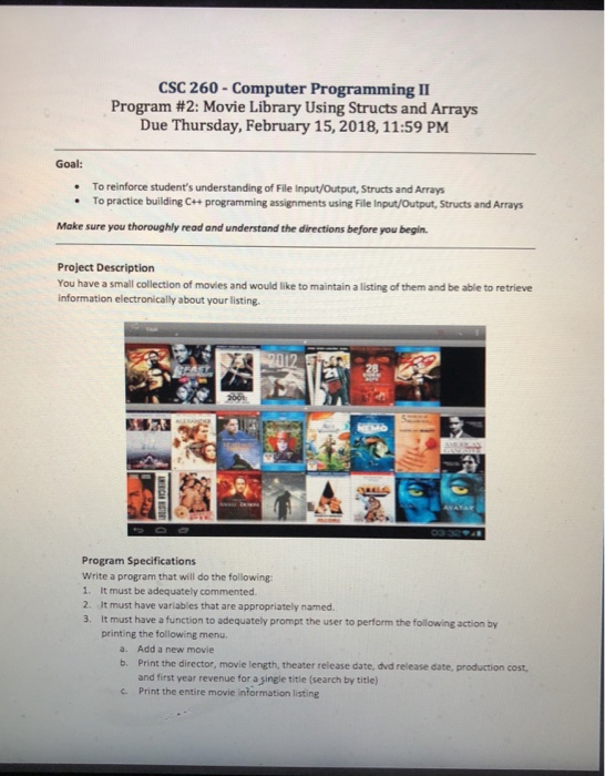 CSC 260-Computer Programming II Program #2: Movie | Chegg.com