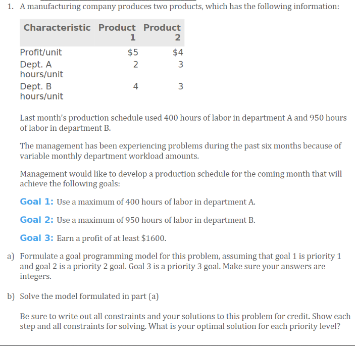 Solved 1. A manufacturing company produces two products, | Chegg.com