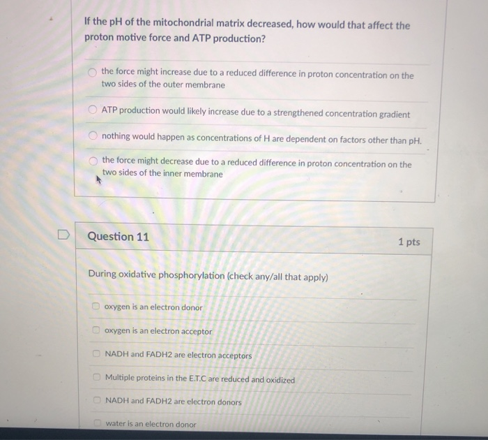 Solved If the pH of the mitochondrial matrix decreased, how | Chegg.com