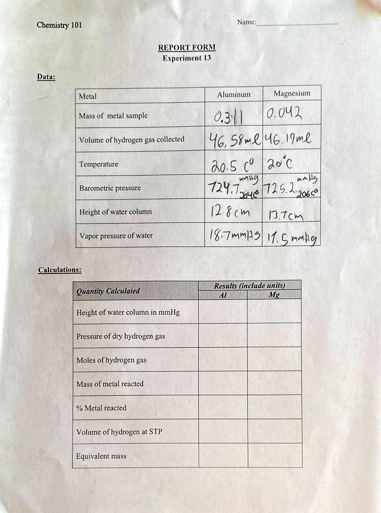 Solved Chemistry 101 Experiment 13 REPORT FORM Data: | Chegg.com