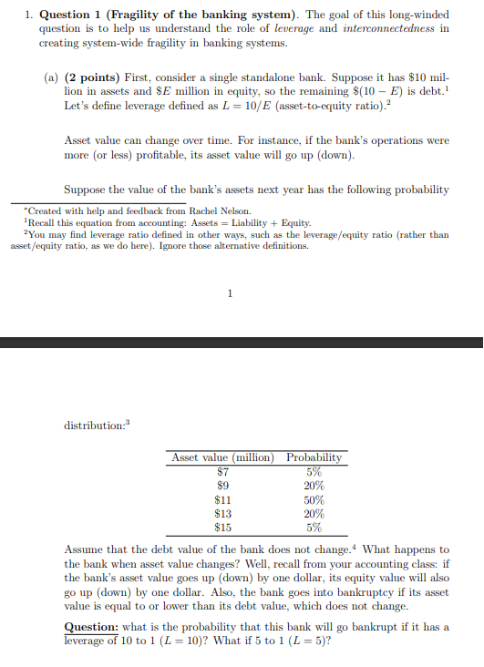 Solved 1. Question 1 (Fragility of the banking system). The | Chegg.com