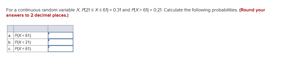 Solved For a continuous random variable X,P(21≤X≤61)=0.31 | Chegg.com