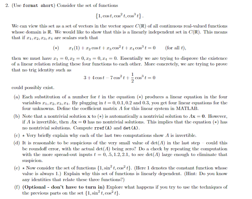 Solved 2. (Use format short) Consider the set of functions | Chegg.com