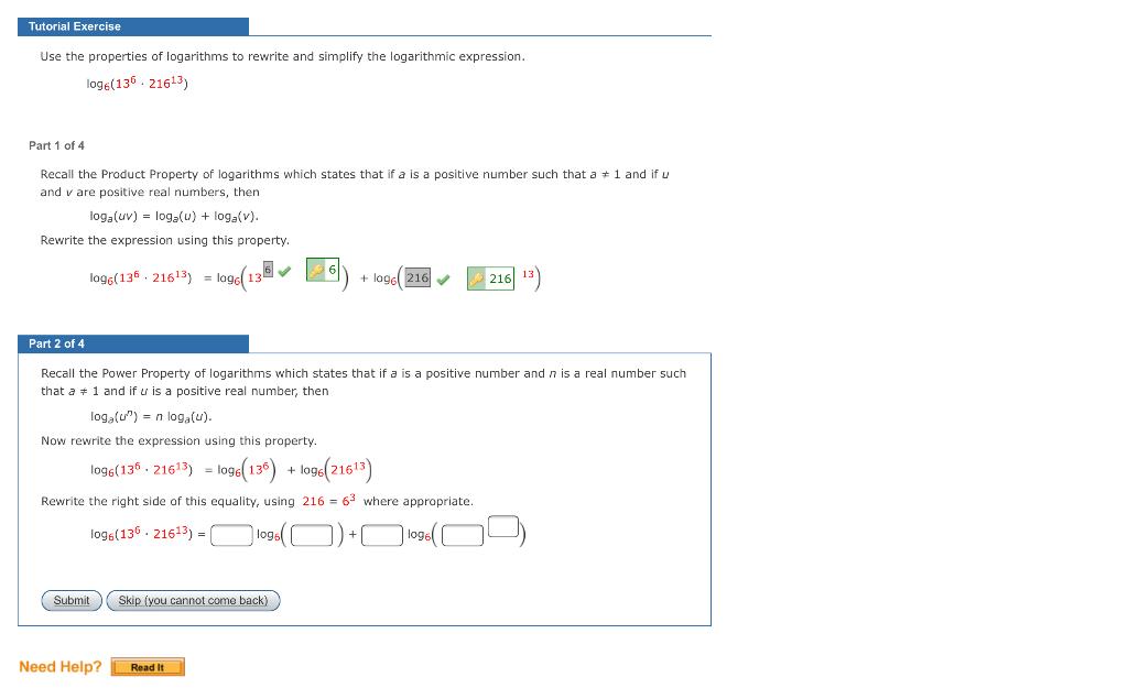 Solved Tutorial Exercise Use the properties of logarithms to | Chegg.com