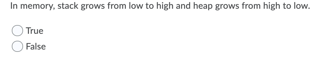 Solved In memory, stack grows from low to high and heap | Chegg.com