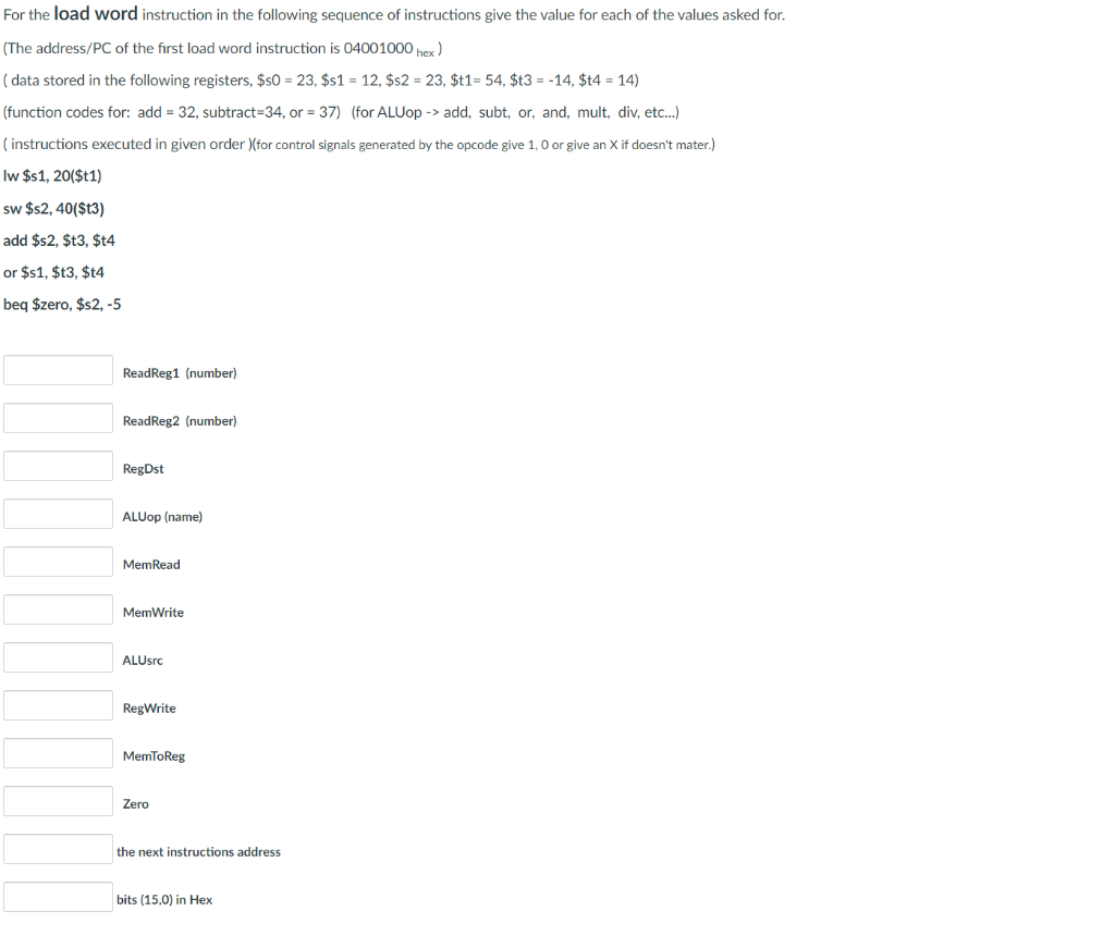 Solved For the load word instruction in the following | Chegg.com