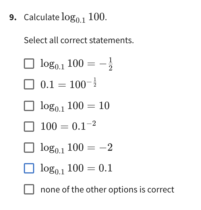 Solved Calculate log0.1100.Select all correct | Chegg.com