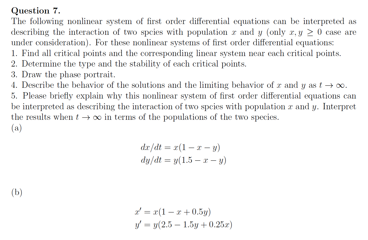 Solved Question 7. The following nonlinear system of first | Chegg.com