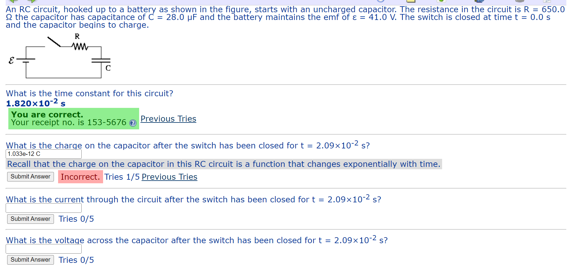 Solved = An RC circuit, hooked up to a battery as shown in | Chegg.com