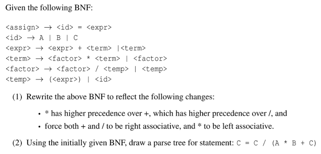 Solved Given the following BNF: (1) Rewrite the above BNF to | Chegg.com