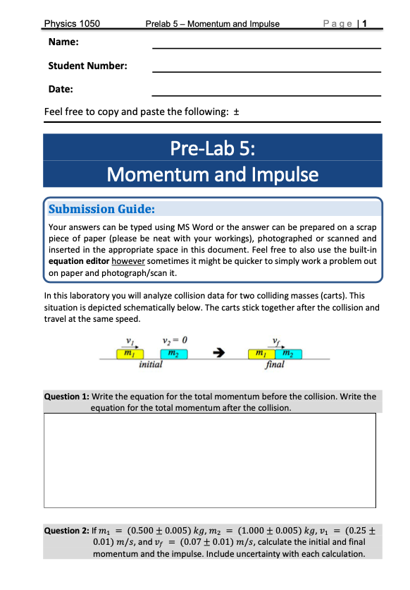 Solved Prelab 5 - Momentum and Impulse Page 1 Physics 1050 | Chegg.com