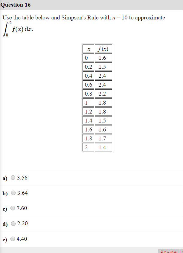 Solved Question 16 Use the table below and Simpson's Rule | Chegg.com