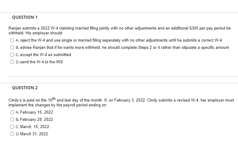 Ranjan submits a 2022 W−4 claiming married filing | Chegg.com