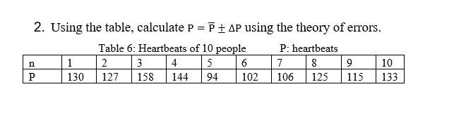 Solved 2. Using the table, calculate P=P±ΔP using the theory | Chegg.com