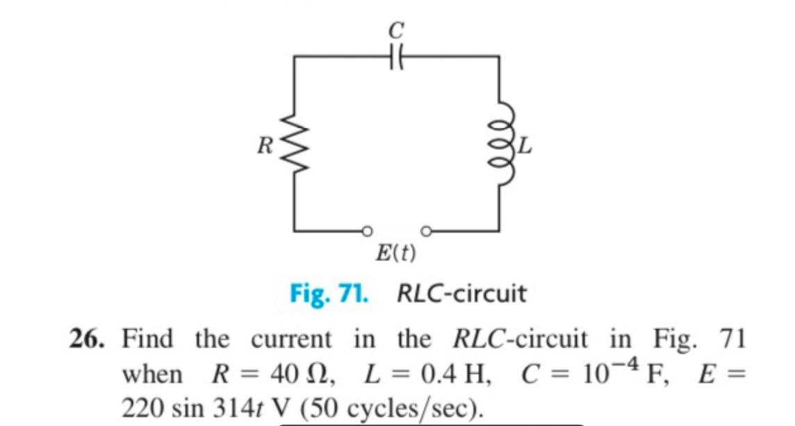 Solved w R E(t) Fig. 71. RLC-circuit 26. Find the current in | Chegg.com