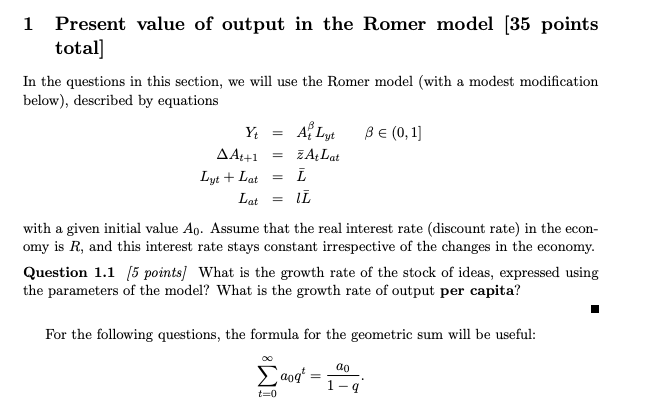1 Present value of output in the Romer model (35 | Chegg.com