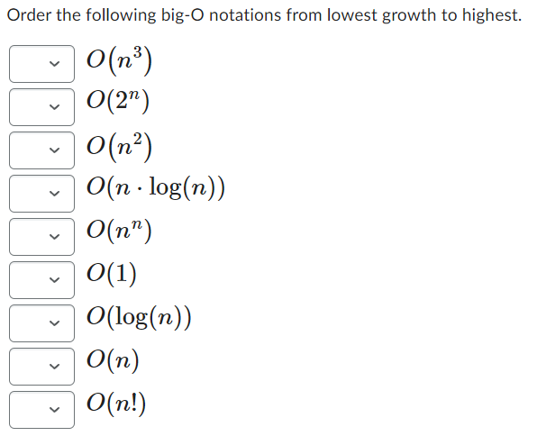 [Solved]: Order the following big-O notations from lowest