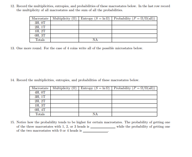 12. Record the multiplicities, entropies, and | Chegg.com
