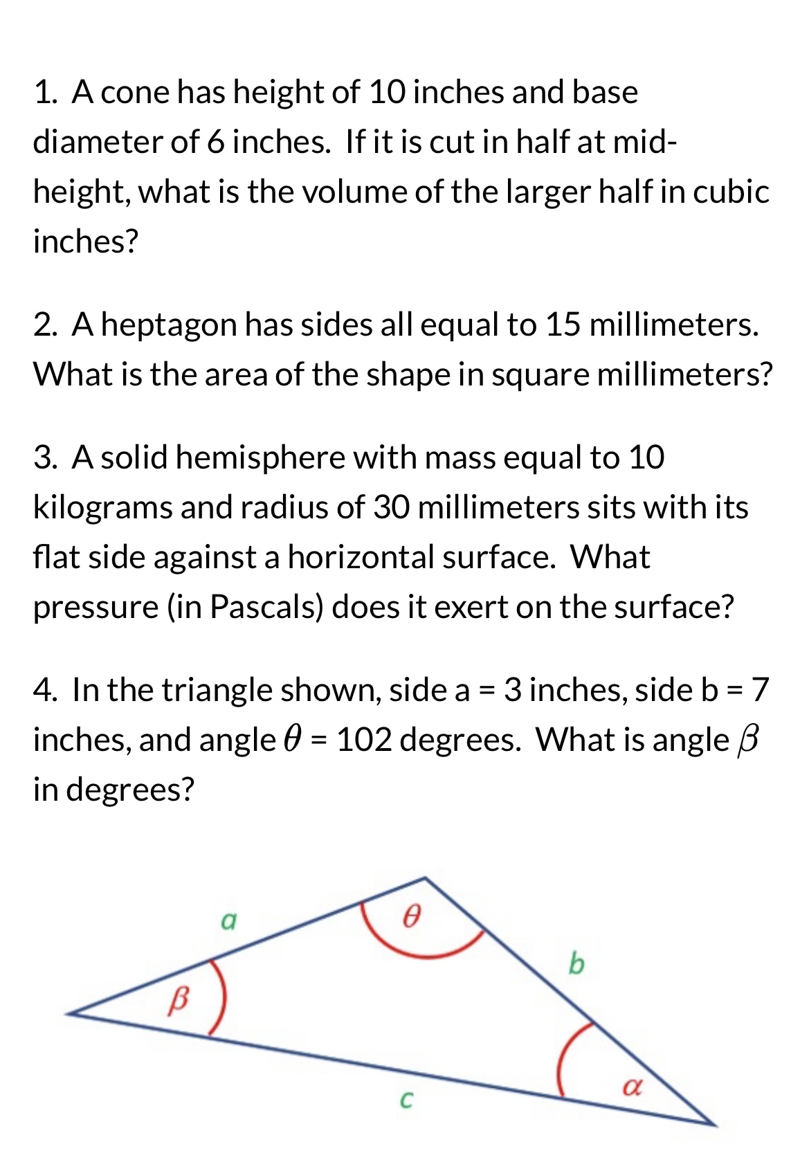 Solved 1. A cone has height of 10 inches and base diameter | Chegg.com