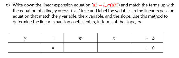 Solved c) Write down the linear expansion equation (AL = L, | Chegg.com