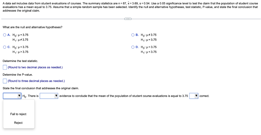 Solved A data set includes data from student evaluations of | Chegg.com