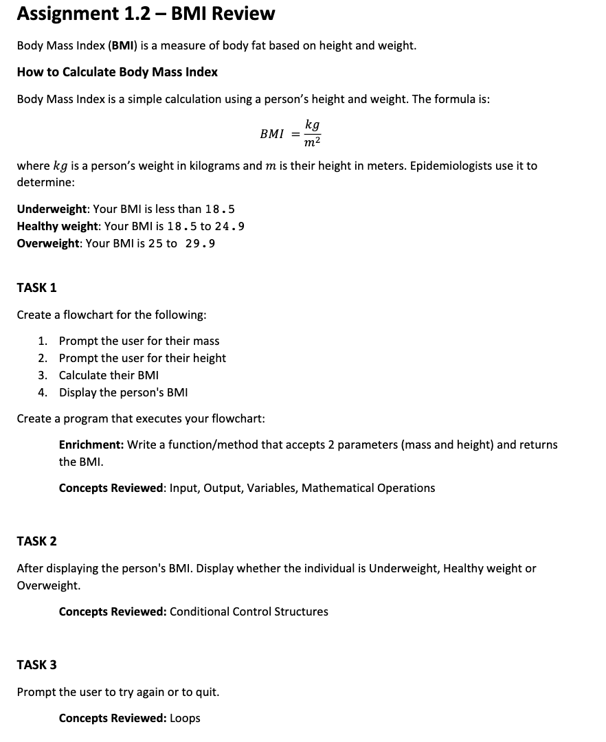 Solved Assignment 1.2 BMI Review Body Mass Index (BMI) is a | Chegg.com