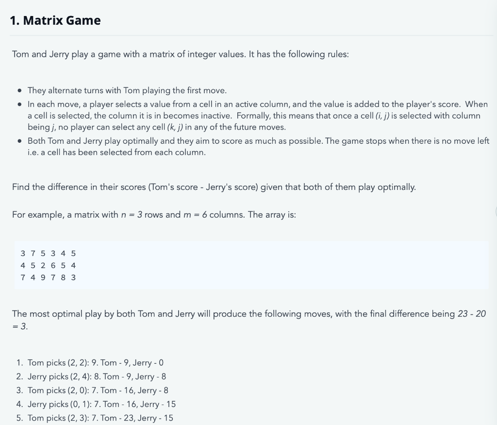 Solved 1. Matrix Game Tom and Jerry play a game with a | Chegg.com