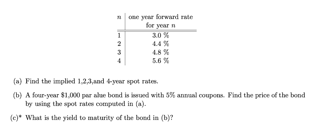 Solved one year forward rate for year n n 3.0 % 4.4% 1 2 4.8 | Chegg.com