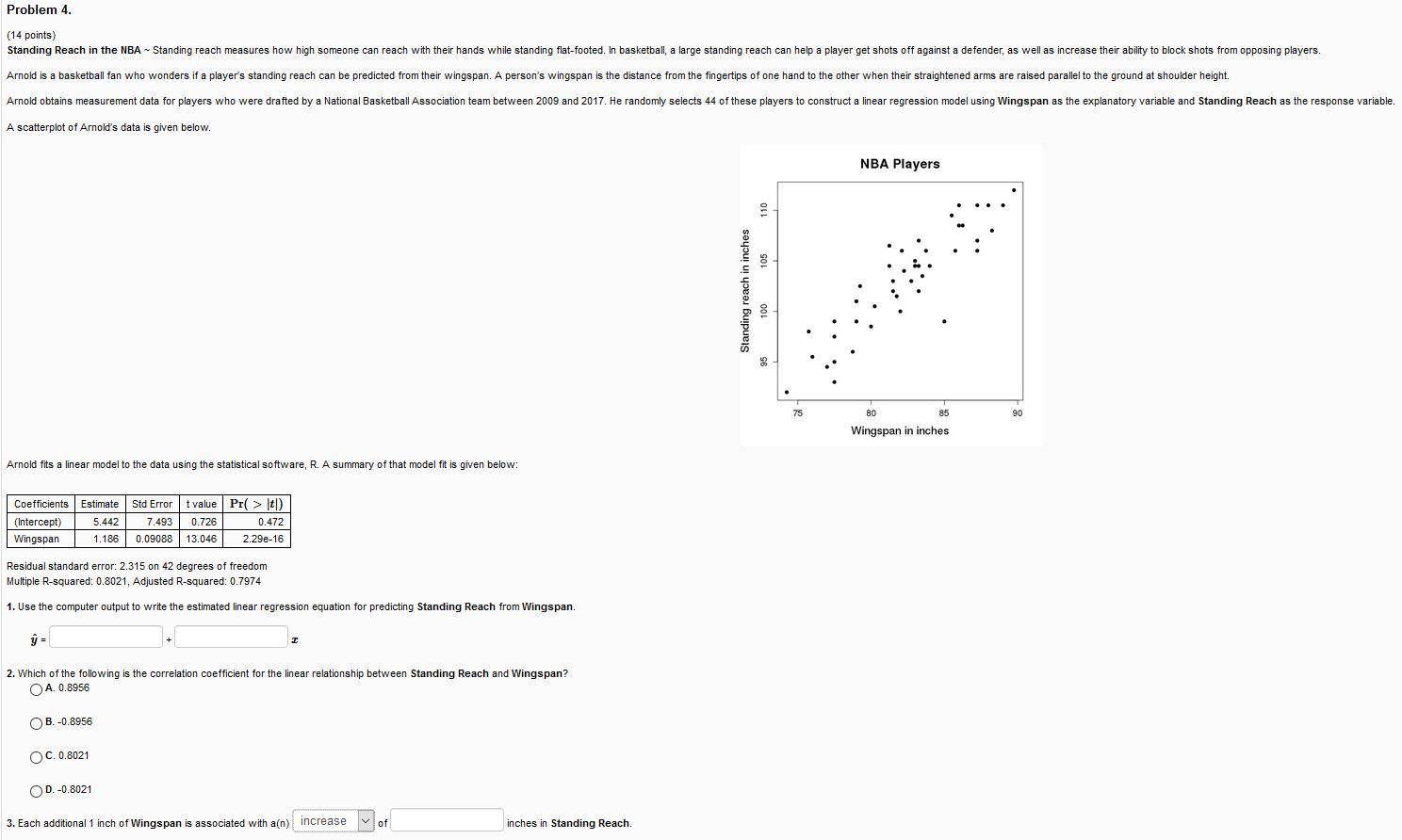 Solved Problem 4. (14 points) Standing Reach in the NBA - | Chegg.com