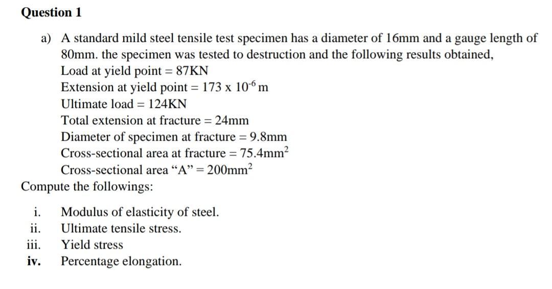 Solved Question 1 a) A standard mild steel tensile test | Chegg.com