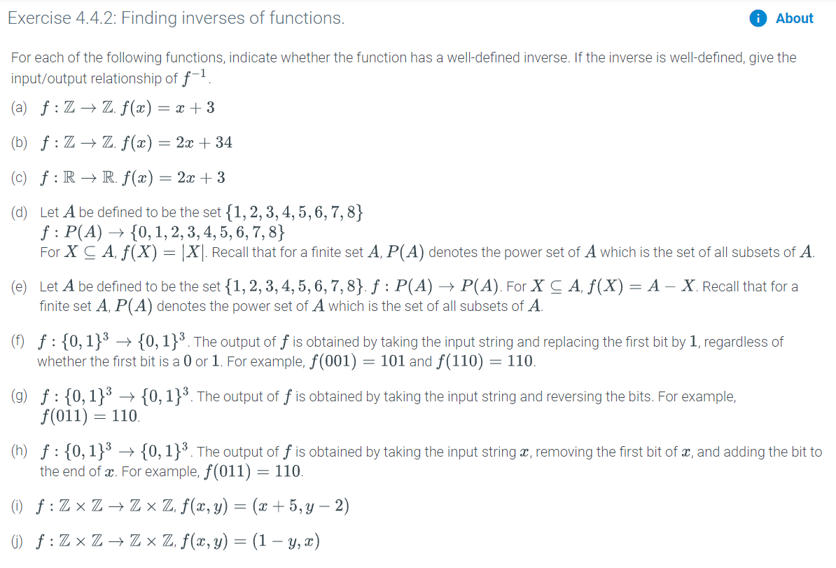 Solved Exercise 4.4.2: Finding inverses of functions. i | Chegg.com