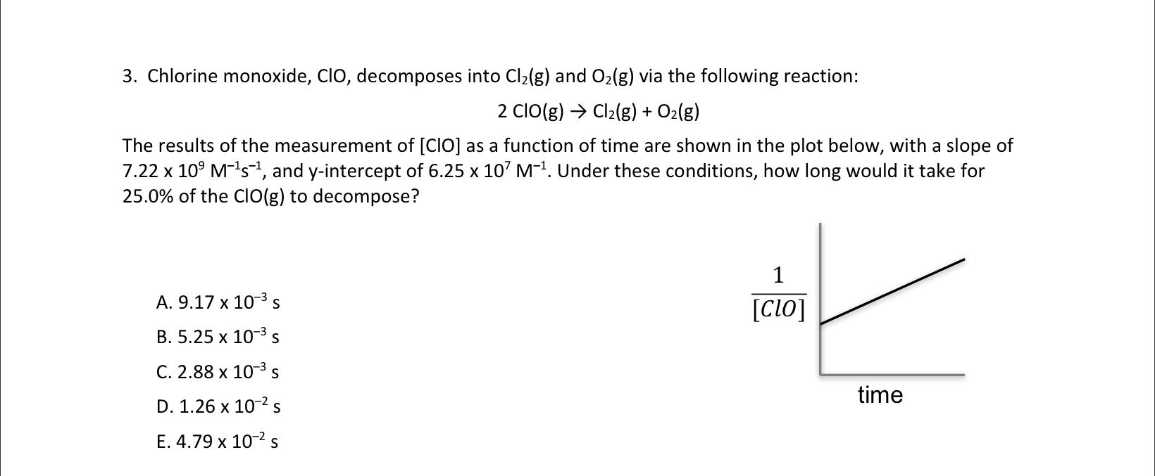 Solved 3. Chlorine monoxide, ClO, decomposes into Cl2( g) | Chegg.com