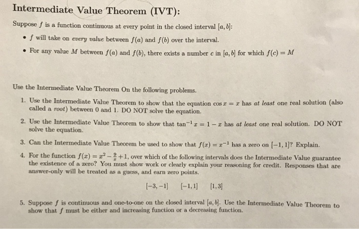Solved Intermediate Value Theorem (IVT): Suppose f is a | Chegg.com