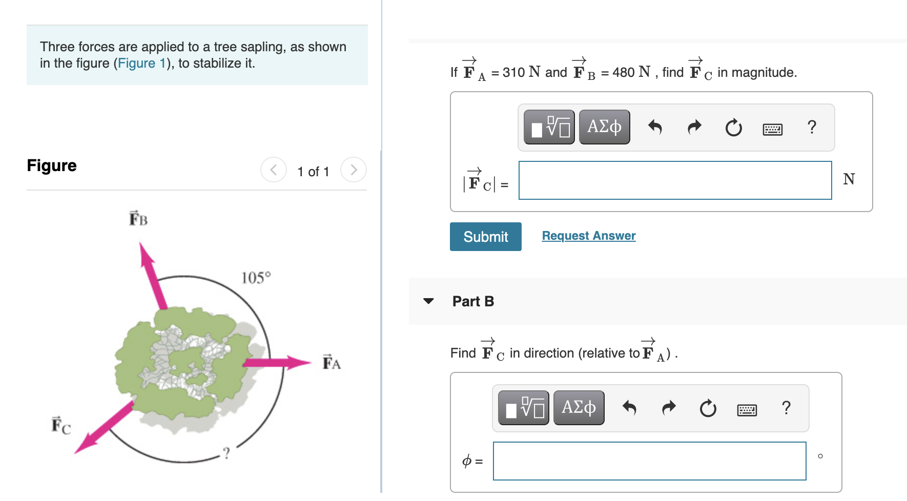 Solved Three forces are applied to a tree sapling, as shown | Chegg.com