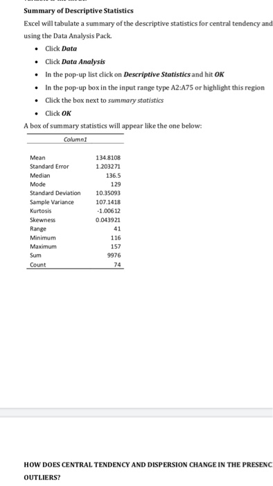 Solved Summary Of Descriptive Statistics Excel Will Tabulate