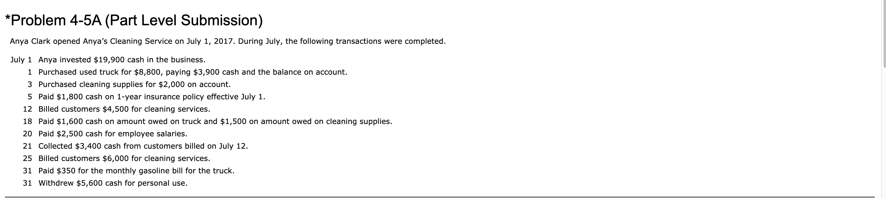 Solved *Problem 4-5A (Part Level Submission) Anya Clark | Chegg.com