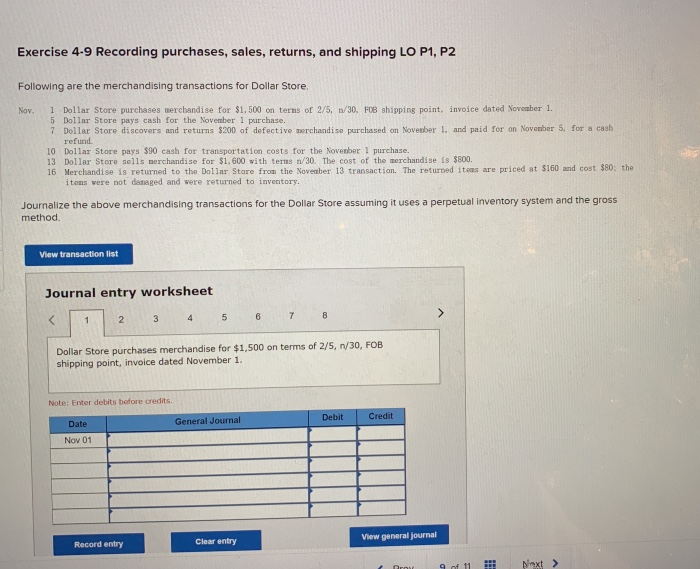 Solved Exercise 4-9 Recording purchases, sales, returns, and | Chegg.com